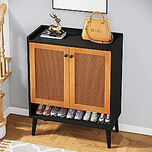 Tribesigns Shoe Cabinet, 6 Tiers 24-30 Pairs Natural Handmade Rattan Shoes Cabinet with Door, Heavy Duty Freestanding Shoe Storage Cabinet with Removable Shelves for Entryway, Black & Orange