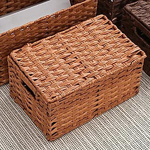 Zerodeko Rattan Storage Basket with Lid Woven Shelf Baskets Imitation Handwoven Wicker Basket Sundries Organizer Boxes Home Decor for Makeup Clothes Home Items