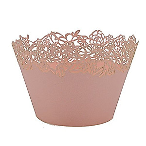 Cupcake Wrappers Pack of 50 Pink Filigree Artistic Bake Cake Paper Cups Little Vine Lace Laser Cut Liner Baking Cup Muffin Case Trays for Wedding Party Birthday Decoration -By KPOSIYA