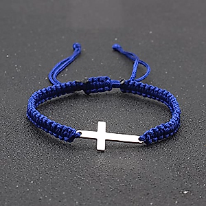 COLORFUL BLING Handmade Braided Cross Black Red String Protection Bracelet Stainless Steel Sideways Faith Hope Blessed Wrap Bangle Religion Jewelry-simple blue