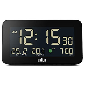 Braun Digital Alarm Clock with Date, Month and Temperature Displayed, Negative LCD Display, Quick Set, Crescendo Beep Alarm in Black, Model BC10B.