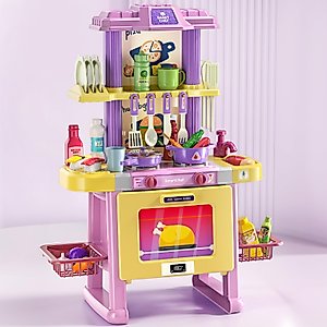 SmartChef Kids Kitchen Playset, 48PCS Kitchen Accessories Toys, Pink Play Kitchen, with Realistic Design, Sound, Lights & Smoke, Pretend Kitchen Toy Set Gifts for 3 4 5 6 7 8+ Year Old Girls & Boys