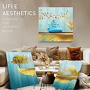 SERIMINO Wall Decor for Bedroom, Canvas Wall Art for Living Room, Modern Pictures, Golden Feather and Yellow Tree Paintings, Posters for Farmhouse, Prints for Office, 3 Pieces Set