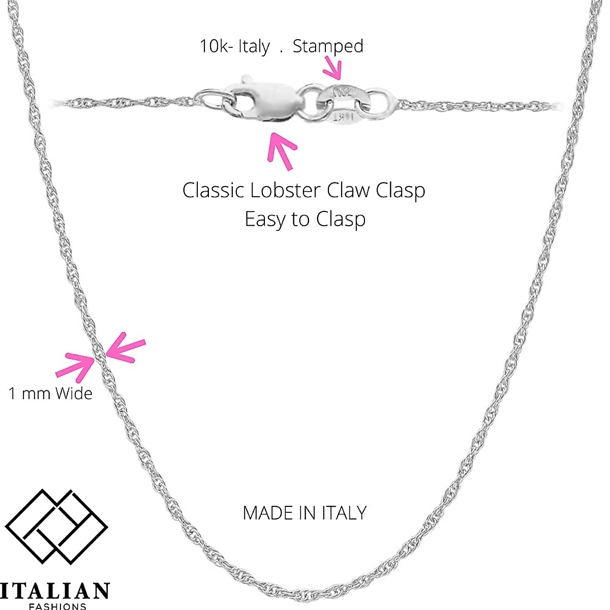 Italian Fashions 10K White Solid Gold Italian Diamond Cut 1mm Rope Chain Necklace Thin Thin Lightweight Strong With Gift Pouch (18 Inches White-Gold ITALY)