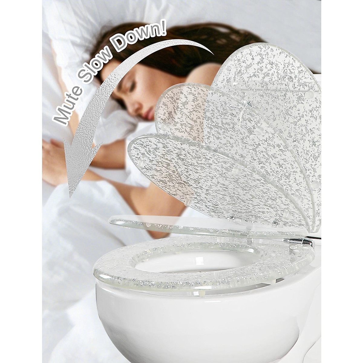 Angol Shiold Resin Round Toilet Seat Glitter Silver, Slow Quiet-Close Heavy Duty Acrylic Toilet Seats for Standard Toilets, Easy Installation & Cleaning (Round 17", Silver Foil, Upgraded hinge)