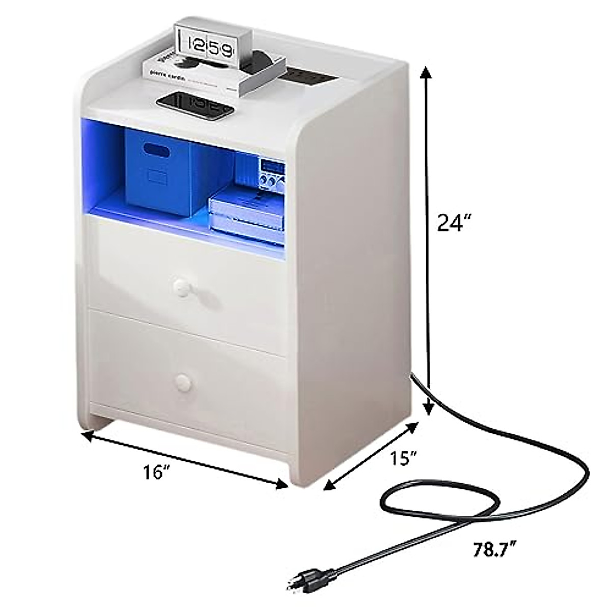 Roozmausy Nightstand with LED Lights and Charging Station,White nightstand,Bedside Table with Drawer,Bedside Cupboard,Bedside Cabinets,Small Spaces Side End Table (White-2Drawer)