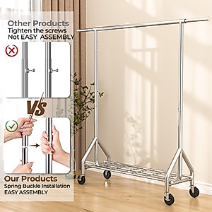 HYSEYY Heavy Duty Clothes Rack Load 450 LBS, Metal Garment Rack, Standing Rolling Clothing Rack for Hanging Clothes with Sturdy Wheels & Shelves, Portable Closet Wardrobe Rack,Sliver
