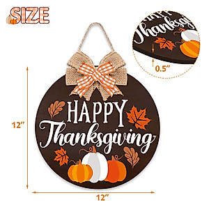 Happy Thanksgiving Wooden Front Door Sign Fall Holiday Rustic Natural Wood Round Door Hanger with Orange Buffalo Plaid Bow Wall Art with Pumpkins Autumn Leaves Decoration Ideas 12 Inches