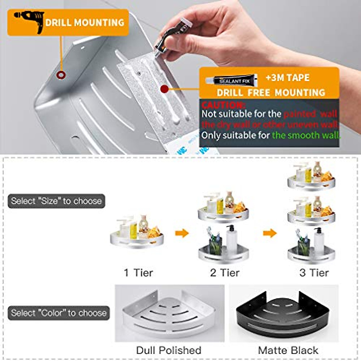 BESy Shower Corner Caddy Bathroom Shower Corner Shelf with Two Hooks, Self Adhesive with Glue or Wall Mount with Screws,Heavy Duty Aluminum 2 Tier Storage Shelves Triangle Baskets,Dull Polished Silver