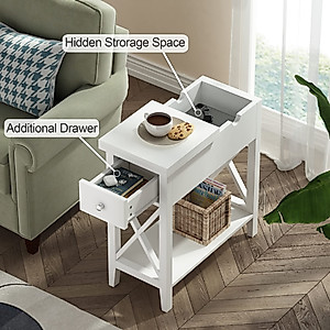ChooChoo End Table, MDF Material Flip Top Narrow End Table with Drawer, Accent Small Side Table Nightstand for Living Room, Bedroom, and Small Spaces - White