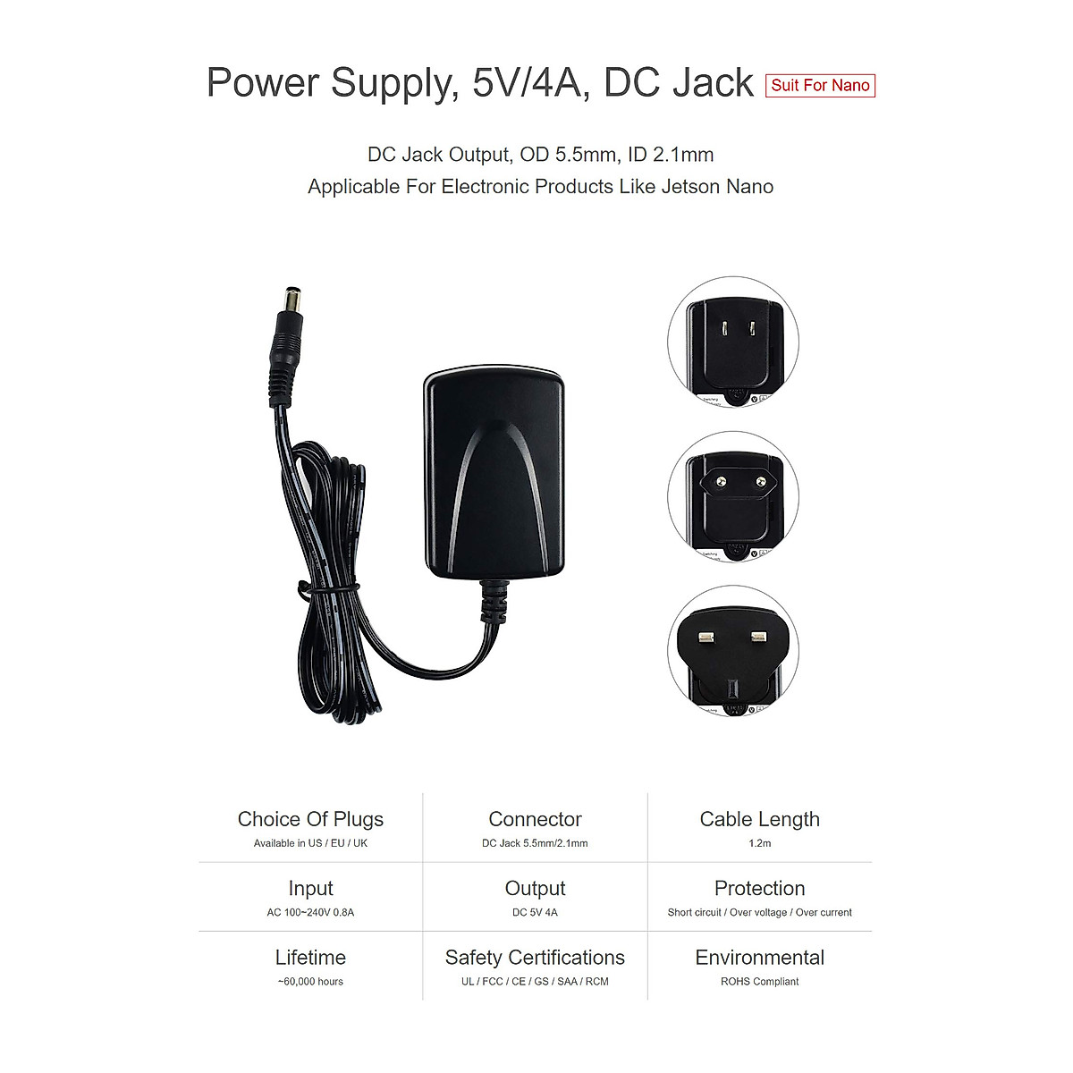 waveshare Power Supply for Jetson Nano,100-240V 0.8A AC to DC 5V 4A Power Adapter Converter for Jetson Nano, DC Jack Output OD 5.5mm ID 2.1mm