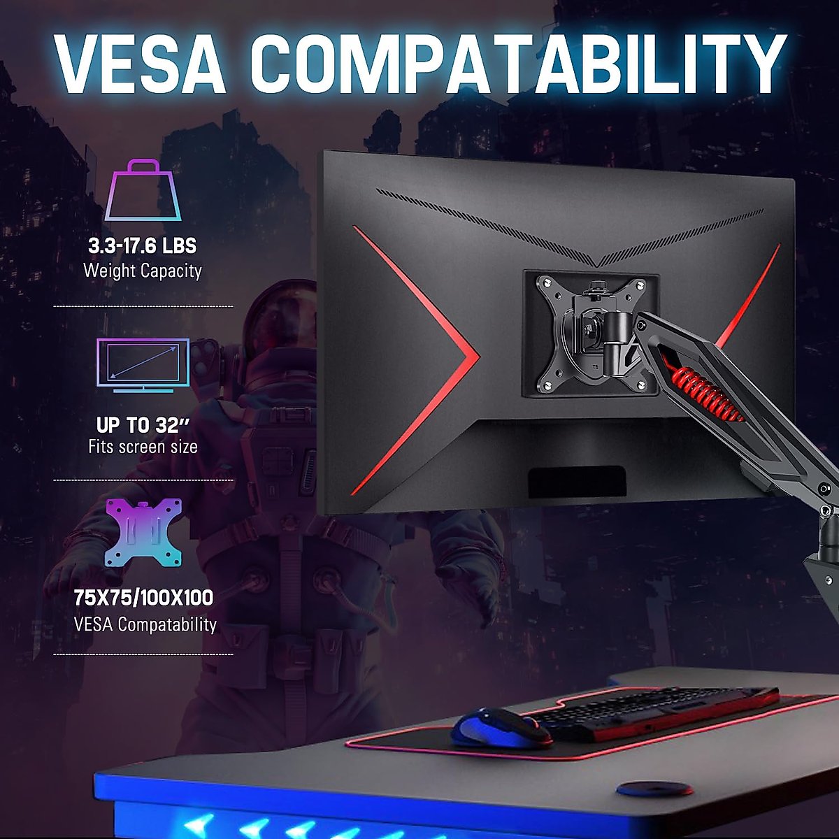 MOUNT PRO Single Gaming Monitor Stand - Mechanical Spring Monitor Mount, Adjustable Gaming Monitor Arm with C Clamp and Grommet Mounting Base - Fits for Computer Screen up to 32”, VESA 75x75, 100x100