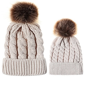 2PCS Parent-Child Hat,Mother & Daughter/Son Winter Warm Knit Hat Family Crochet Beanie Ski Cap(Ivory)
