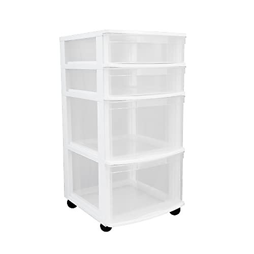 Gracious Living Resin Clear 4 Drawer Storage Chest System with Removable Rolling Casters for Garage, Basement, Utility Room, and Laundry Room, White