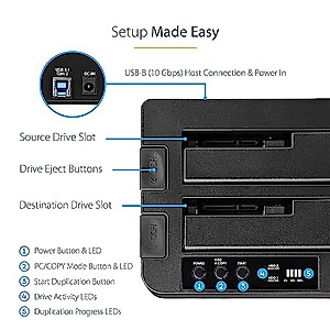 StarTech.com Standalone Hard Drive Duplicator, External Dual Bay HDD/SSD Cloner/Copier, USB to SATA III Docking Station