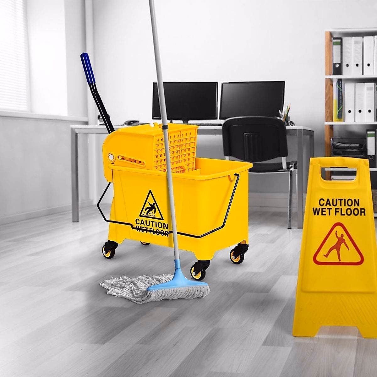 Byroce Commercial Mop Bucket on Wheels, Portable Mop Bucket with Side Press Wringer & Handle, Ideal for Household, Industrial Floor Cleaning, 21 Quar