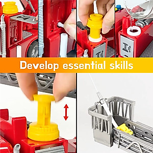 Fire Truck Toy Set for Kids - Fire Engine Truck with Water Spraying Hose, Rotating Ladder + 3 Fireman Firefighters, Road Signs, Lights & Sounds – Toy Fire Truck for Boys Age 4-7, Girls 3 Years Old+