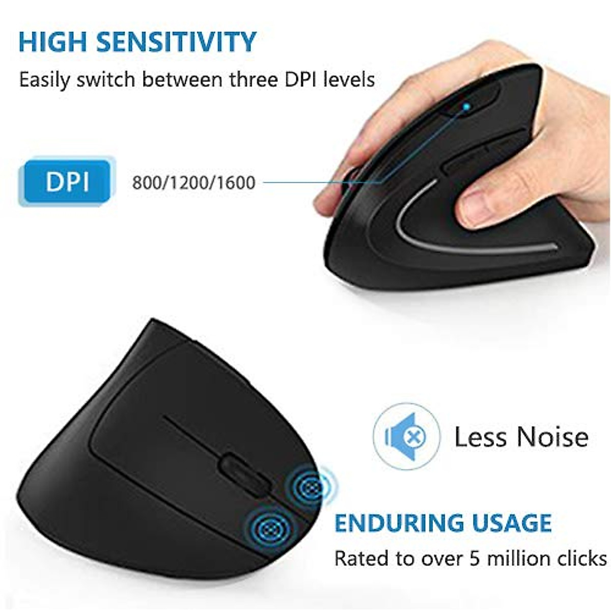Acedada Ergonomic Mouse, Vertical Wireless Mouse, Rechargeable Optical Ergo Mice, 800/1200 /1600 DPI, 5 Buttons for Laptop, Desktop, PC, MacBook - Black