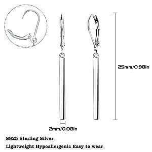 Milacolato S925 Sterling Silver Bar Dangle Earrings 18K White Gold Plated Women's Drop Dangle Earrings Hypoallergenic Leverback Vertical Bar Drop Earrings for Women