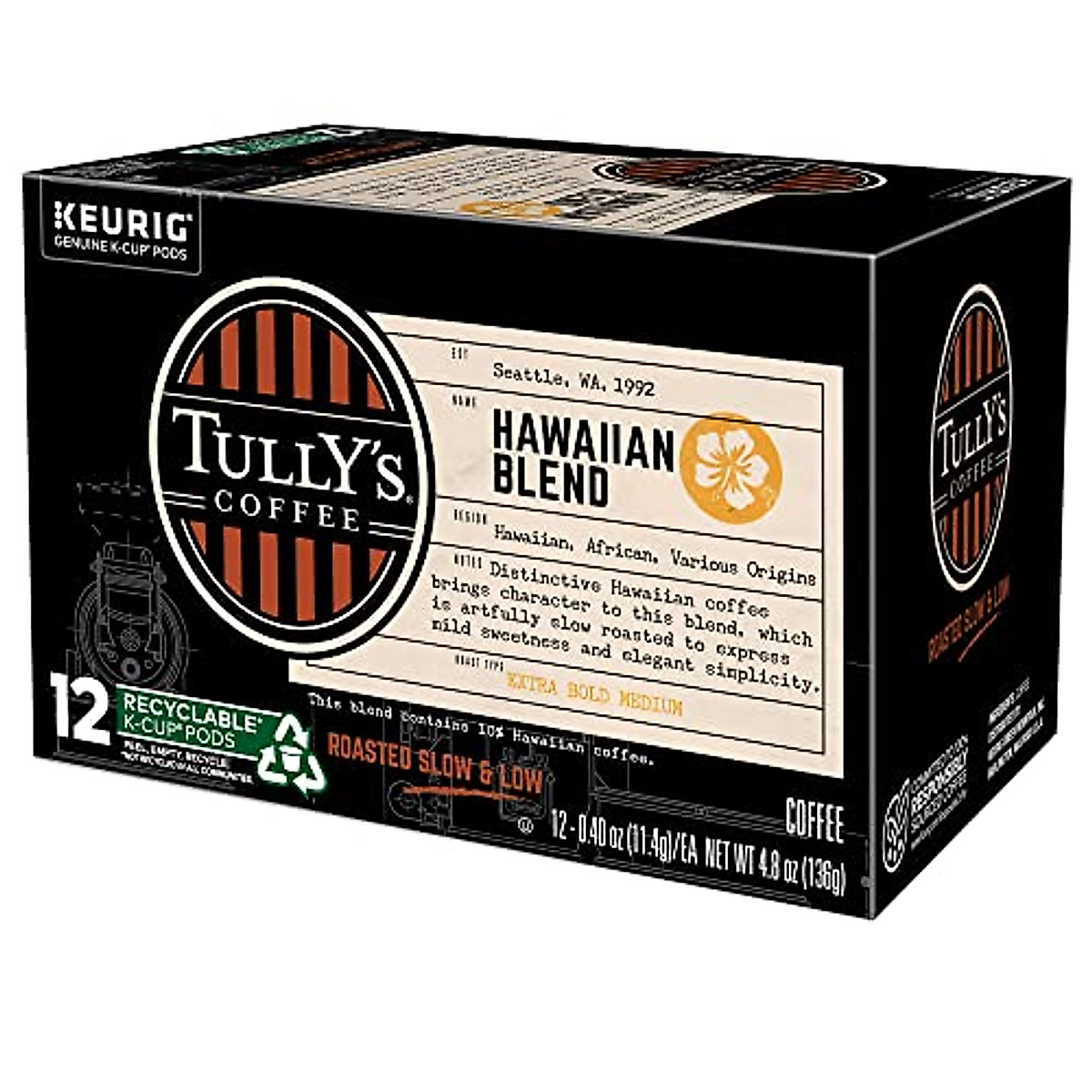 Tully's Coffee Hawaiian Blend Keurig Single-Serve K-Cup Pods, Medium Roast, 72 Count