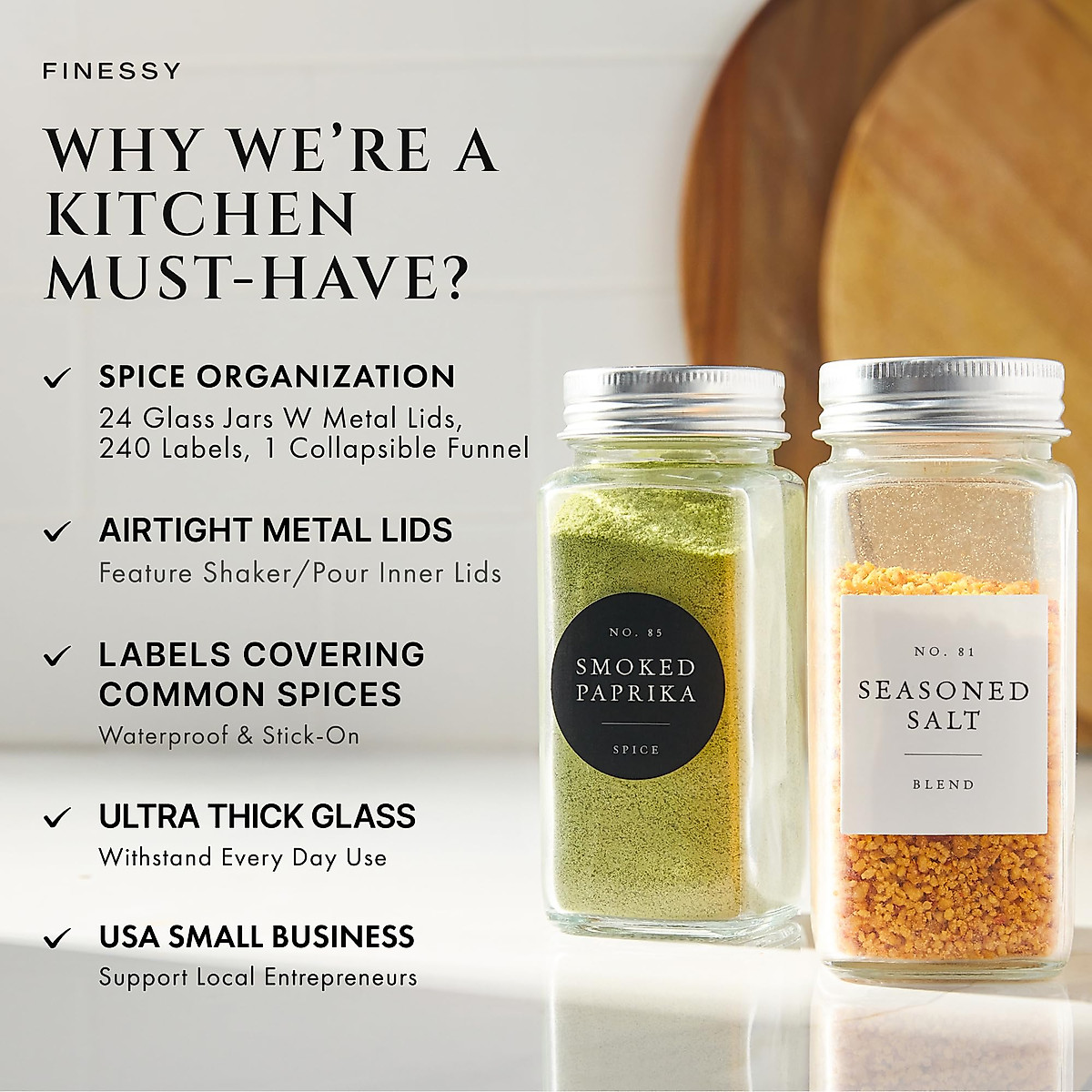 FINESSY Empty Glass Spice Jars with Label 24 Pack, 4 oz Glass Spice Jars with Shaker Lids, Spice Bottles Empty Glass with Labels, Glass Spice Containers with Labels and Lids, Seasoning Containers