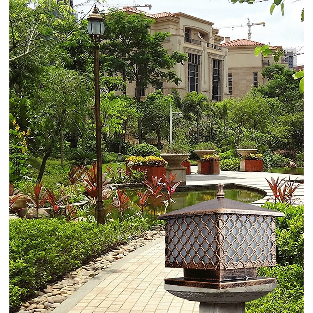 DAKWA European Bronze Post Cap Lights with Striped Glass Shade Column Lantern Rainproof Street Outdoor Lighting for Outside Patio Yard (Size : Width:15.7nch)