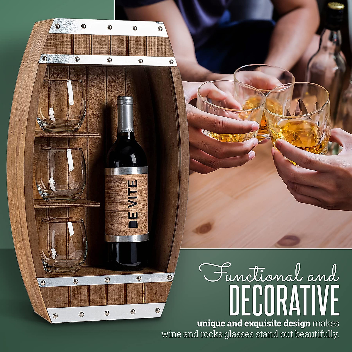 Wooden Wine Barrel Display - Pinewood Display Case with Sliding Cover Ideal for Wine Whiskey Scotch & More - 3 Built-In Shelves for Stemless Wine or Rocks Glasses, A Gift for Wedding or Any Occasion