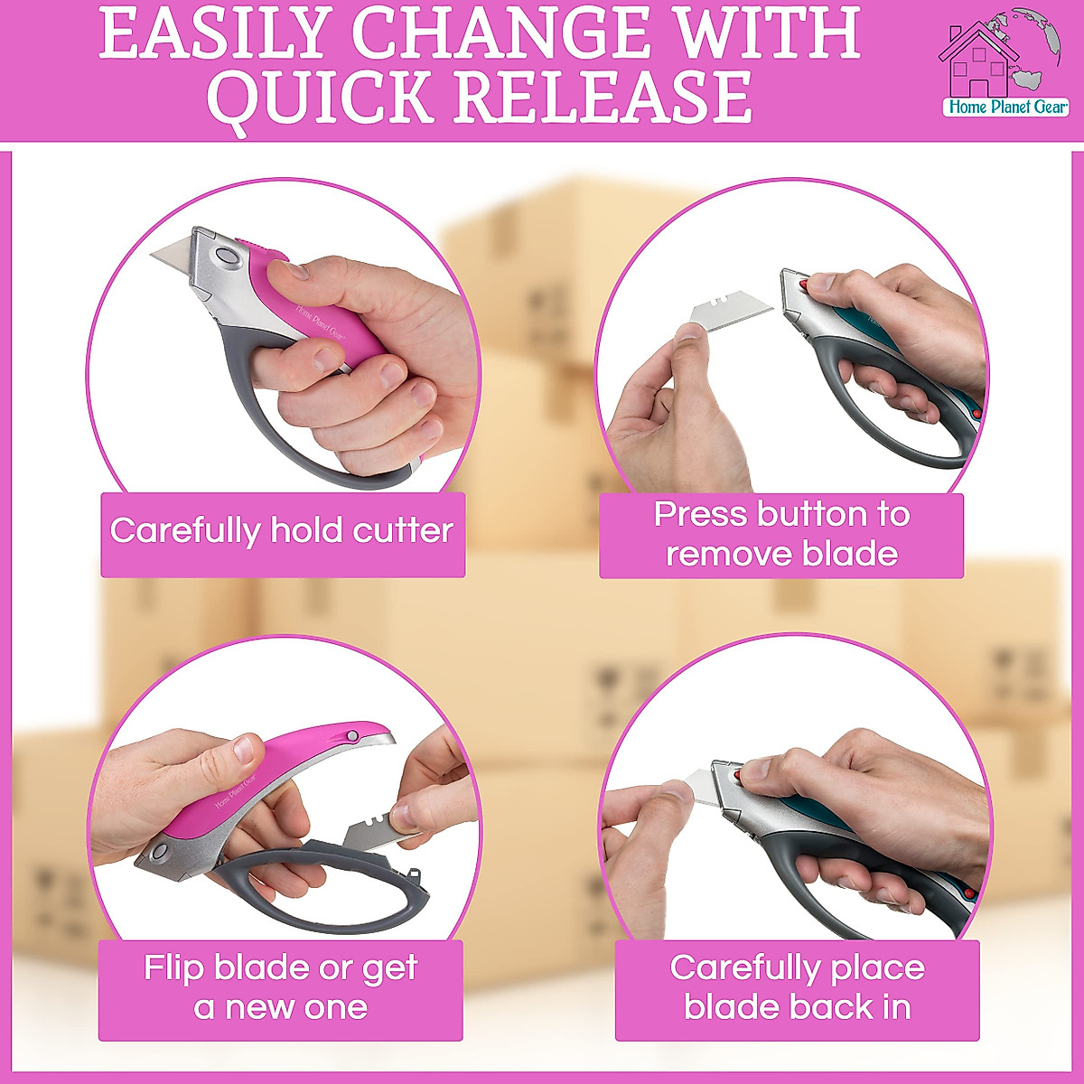 Pink Box Cutter Retractable Utility Knife - Heavy Duty Box Cutter Knife Cardboard Cutter - Box Opener Razor Blades Knife with 5 Sharp Utility Blades