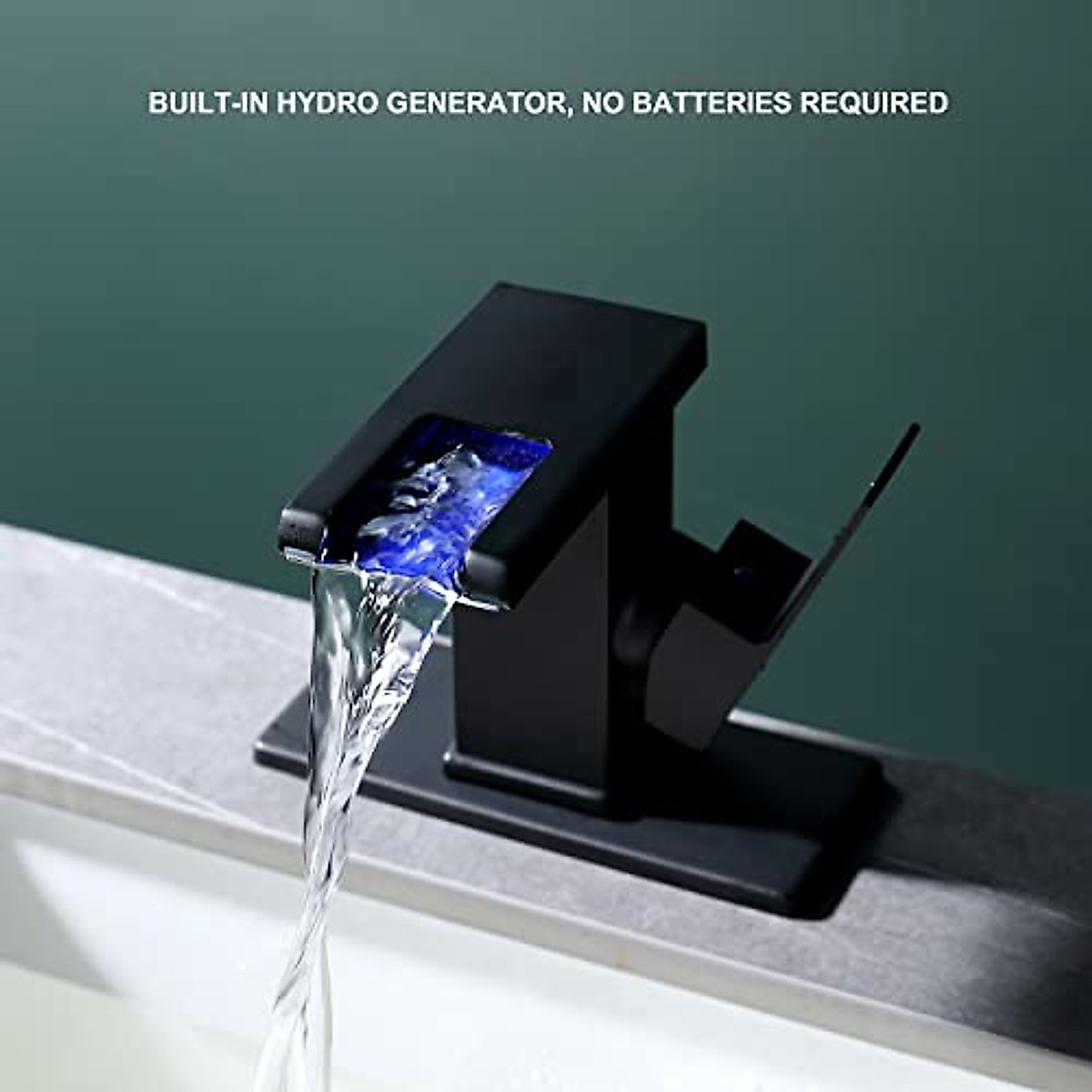 KirlystonE LED Single Handle Bathroom Faucet, Modern Square Matte Black Single Hole Vanity Sink Faucet with Waterfall Spout