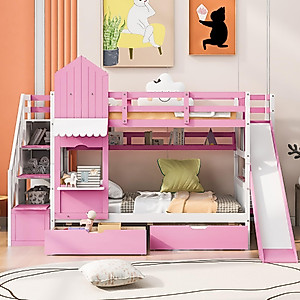 CITYLIGHT Castle Bunk Bed Twin over Twin,Wooden Bunk Beds with Slide and Storage Stairs,Space Saving Twin Bunk Bed with 2 Drawers and 3 Shelves,Kids Bunk Bed for Girls Boys,Pink