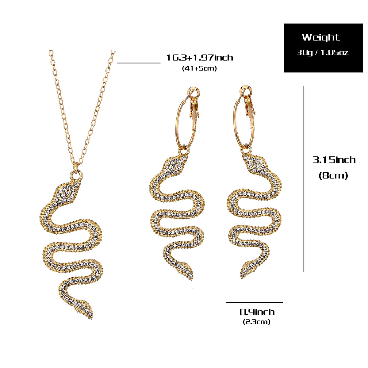 Balirek Snake Earring & Necklace 14K Gold Plated Dangle Earrings Personalized Punk Animal Hypoallergenic Fashion Rhinestone Ear Jewelry Set for Women