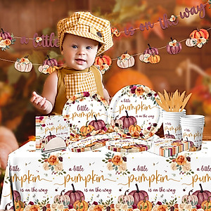 142Pcs Little Pumpkin Baby Shower Decorations-Fall A Little Pumpkin is on the Way Plates and Napkins Set Floral Autumn Thanksgiving Tableware Party Supplies