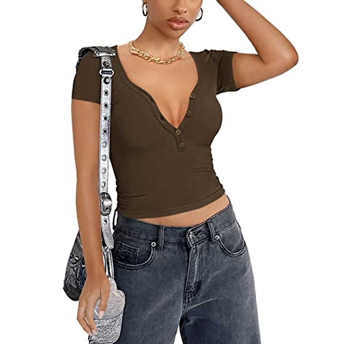 REORIA Women’s Summer Sexy Casual Henley V Neck Button Down Short Sleeve Going Out Y2K Ribbed Tshirts Crop Tops Coffee Large