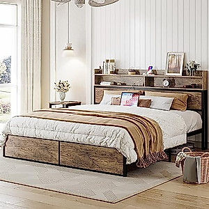 IRONCK King Size Bed Frame, Bookcase Headboard with Charging Station, Platform Storage Bed, Solid and Stable, Noise Free, No Box Spring Needed, Rustic Maple