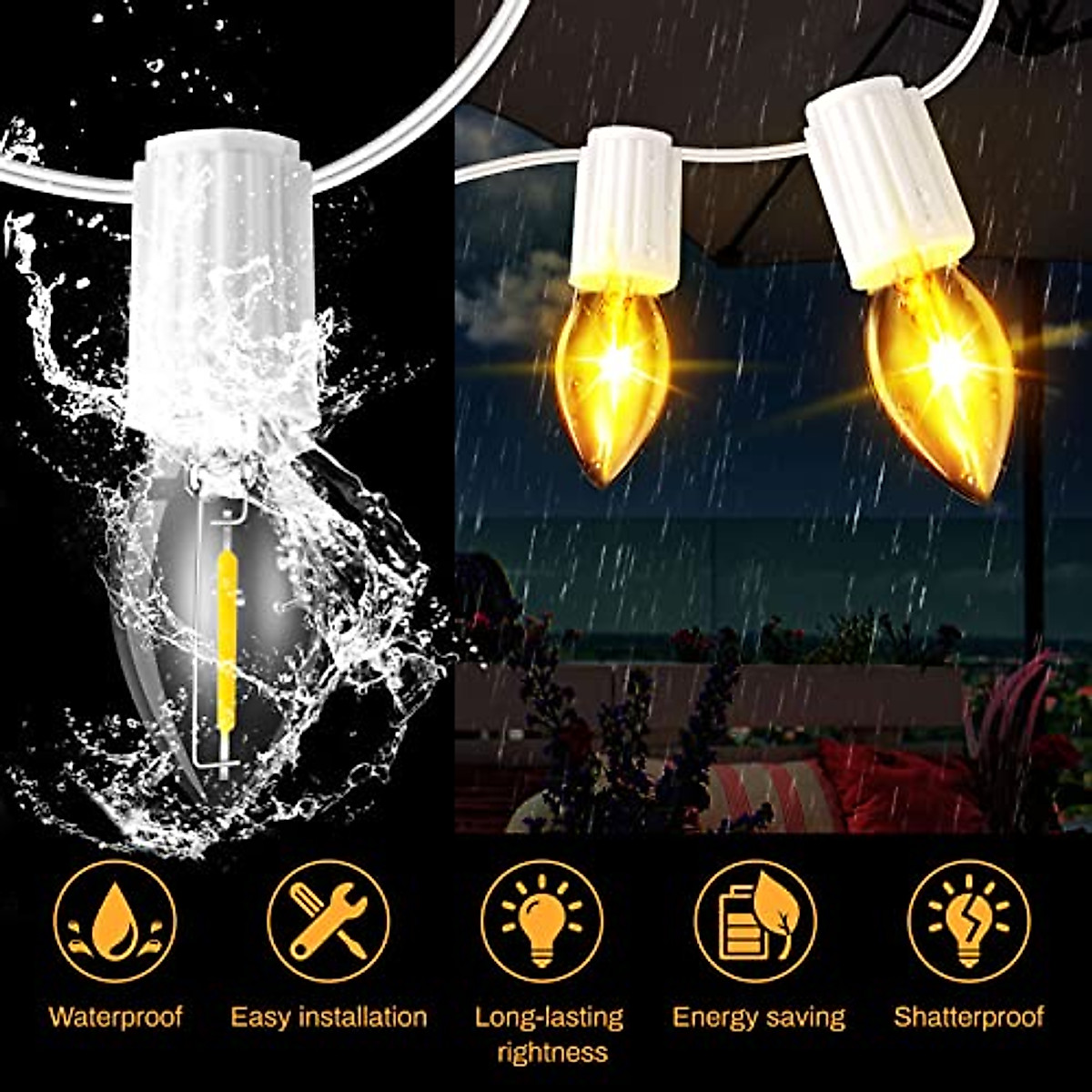 Eliteemo LED Canopy and Umbrellas Lights, 23 Ft LED Outdoor String Lights with Shatterproof Plastic 8LED C7 E-12 Light Bulbs, Waterproof, C Battery Powered, Super Bright to Display at Night Outdoors