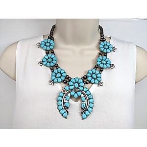 Turquoise Stone Squash Blossom Pendant Bib Statement Faux Navajo Pearl Necklace 20 Inch and French Hook Earrings (Silver Burnish/Turquoise)