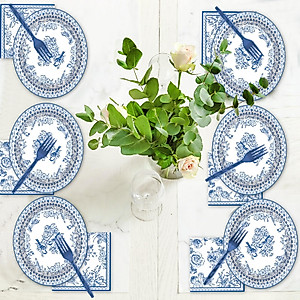 50 PCS Blue Floral Oval Paper Plates Blue & White Floral Party Tableware Set Blue and White Flowers Disposable Party Supplies Bridal Birthday Baby Shower Tea Dinnerware Plates Napkins Forks Serve 50