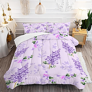 FUYEUN Purple Floral Comforter Set Twin Size Lilac Flower Bedding Sets for Girls Women Kids Teens Vintage Farmhouse Bedroom Bed Bedspread Quilt,1 Comforter + 1 Pillow Case