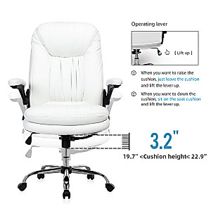 YAMASORO Ergonomic Executive Office Chair White High Back Leather Computer Chair Office Desk Chair with Flip-Up Arms and Comfy Headrest