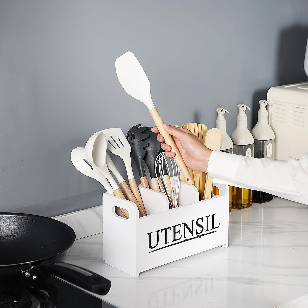 Ziluce Wood Utensil Holder, Utensil Holder for Kitchen Counter, for Organizing and Storing Cooking Utensils, 3 Compartments - White