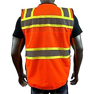 REXZUS (C Vest Mens Class 2 Black Series Safety Vest With Zipper and Utility Pockets Premium Black Series Surveyors Vest (Medium, Orange/Black)