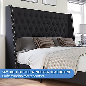 AMERLIFE King Size Nail Button Tufted Wingback Bed Frame, Linen Upholstered Platform Bed with 56" High Wingback Headboard, No Box Spring Needed, Black