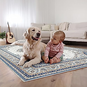 Area Rug Living Room Rugs: 9x12 Machine Washable Rug Soft Low Pile Area Rug with Non-Slip Backing, Medallion Floor Carpet for Bedroom Dining Room Nursery Home Office-Blue/Cream
