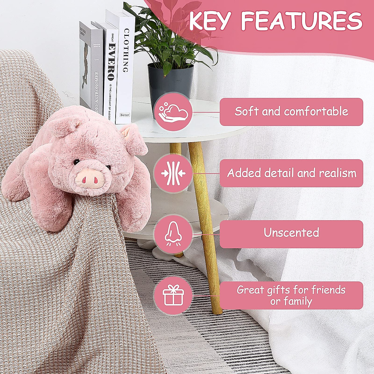 KECIRLE Soft Pink Pig Plush Pillow 21.6",Cute Piggy Stuffed Animal Doll Toy, Gifts for Valentine's, for Kids Boys and Girls……