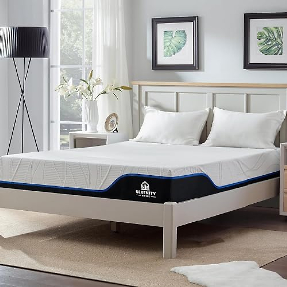 SERENITY HOME 12" King Memory Foam Mattress, Breathable Bed Mattress, Cooling-Gel Memory Foam Mattress in a Box, Support & Pressure Relief Mattress, Fiberglass Free, Made in USA | King,White/Blue
