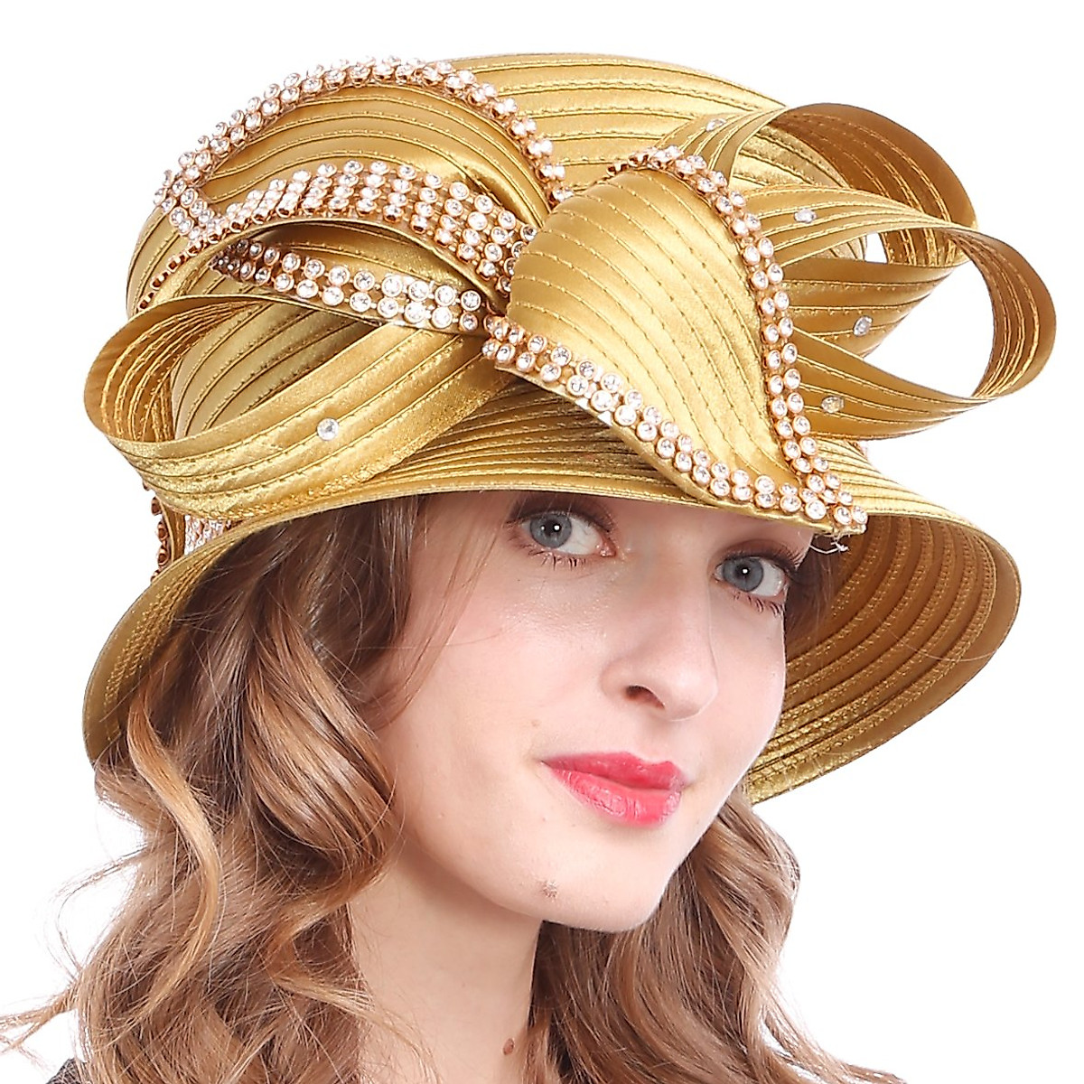 VECRY Women's Dressy Church Baptism Wedding Derby Hat(Rhinestone-Gold)