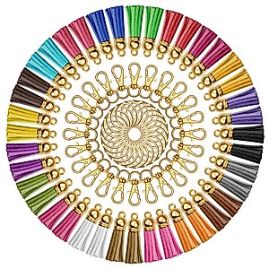 Tassels for Crafts, Anezus 100Pcs Keychain Tassel Set Including 50Pcs Tassels, 25Pcs Lobster Clasp Keychain and 25Pcs Keychain Rings Bulk for Acrylic Blank Keychains, Shrinky Film Artand Crafts (Gold)