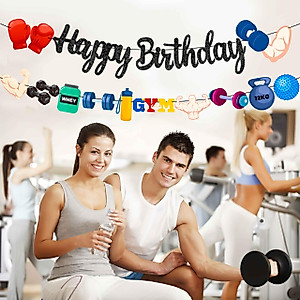 Gym Birthday Party Banner Weight Lifting Birthday Party Decorations 2Pcs Glitter Fitness Birthday Party Banners Gym Happy Birthday Banner for Gym Theme Baby Shower Supplies