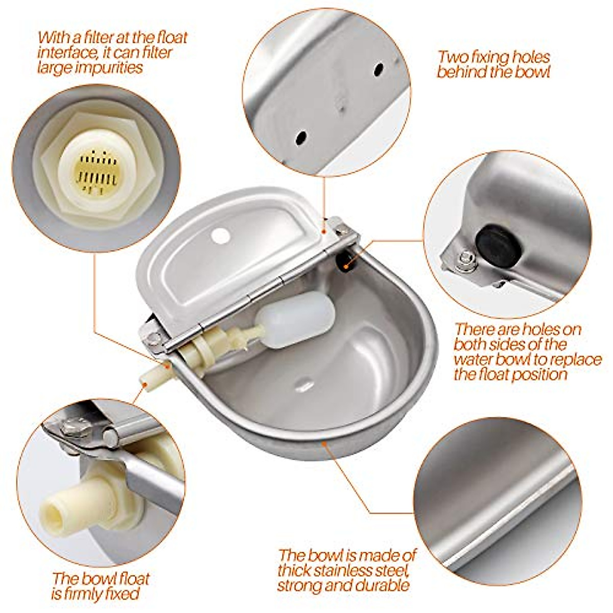 Automatic Watering Feeder Trough Bowl with Pipe Float Ball Valve for Livestock Cattle Horse Goat Sheep Stainless Steel Pet Dog Waterer Dispenser