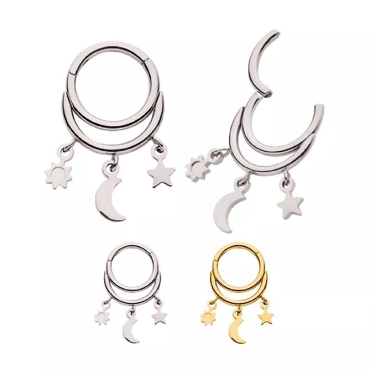 Pierced Owl 16GA 316L Stainless Steel Double Hoop with Sun, Star and Crescent Moon Dangling Charms Hinged Segment Clicker Ring (Gold Tone)